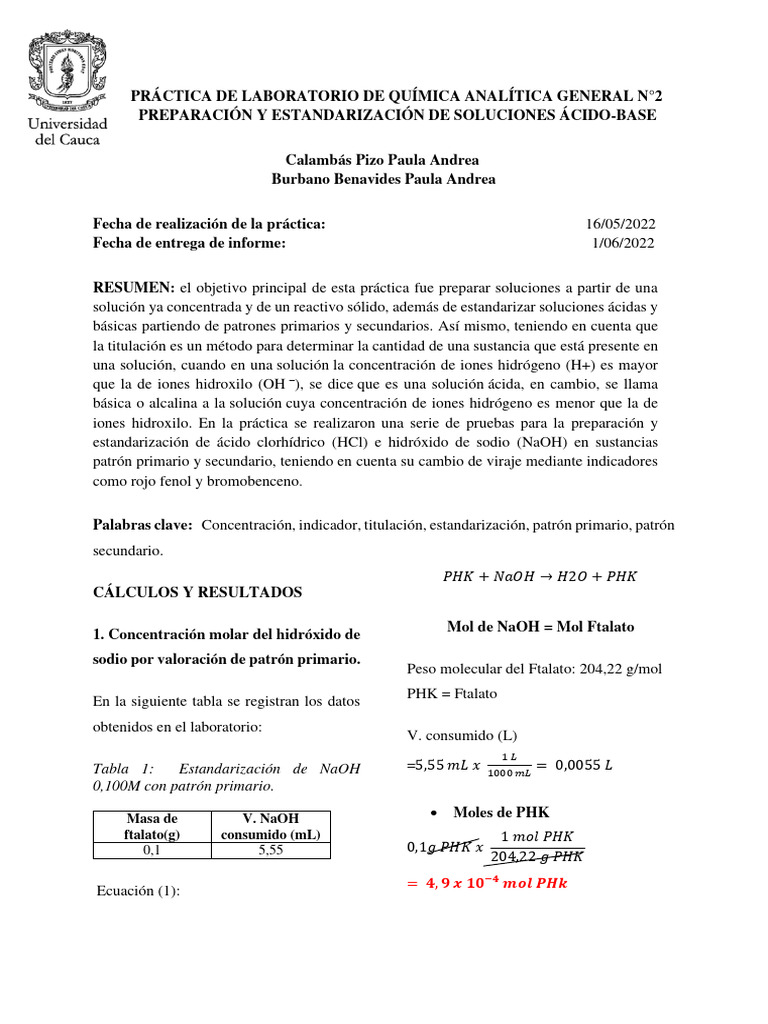 Preparación y Estadarización de Soluciones Ácido-Base | PDF ...