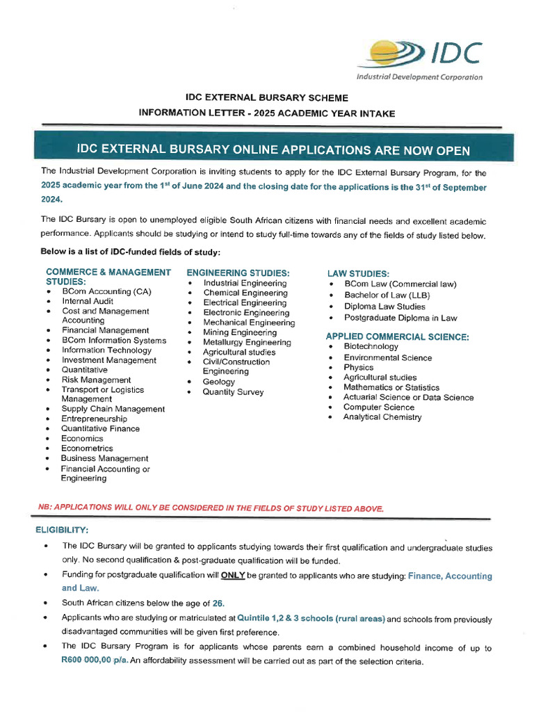 IDC External Bursary Application Advert For The 2025 Academic Year - May 2024 | PDF