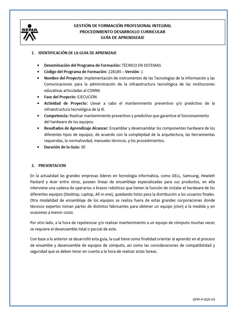 GFPI-F-019 - Formato - Guia - de - Aprendizaje - Ensamble y Desensamble | PDF | Computadora de ...