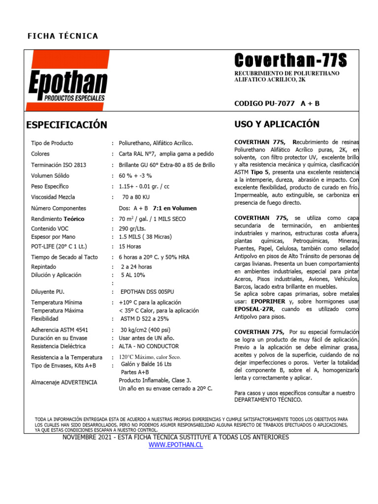 FT PU-7077 COVERTHAN 77 S Poliurethano Alifatico Acrilico en SOLV. | PDF | Materiales