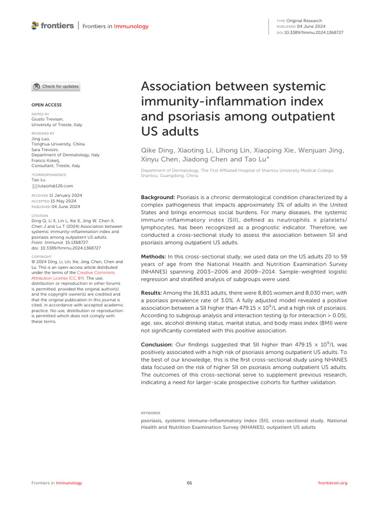 Association Between Systemic Immunity-Inflammation Index and Psoriasis Among Outpatient US ...