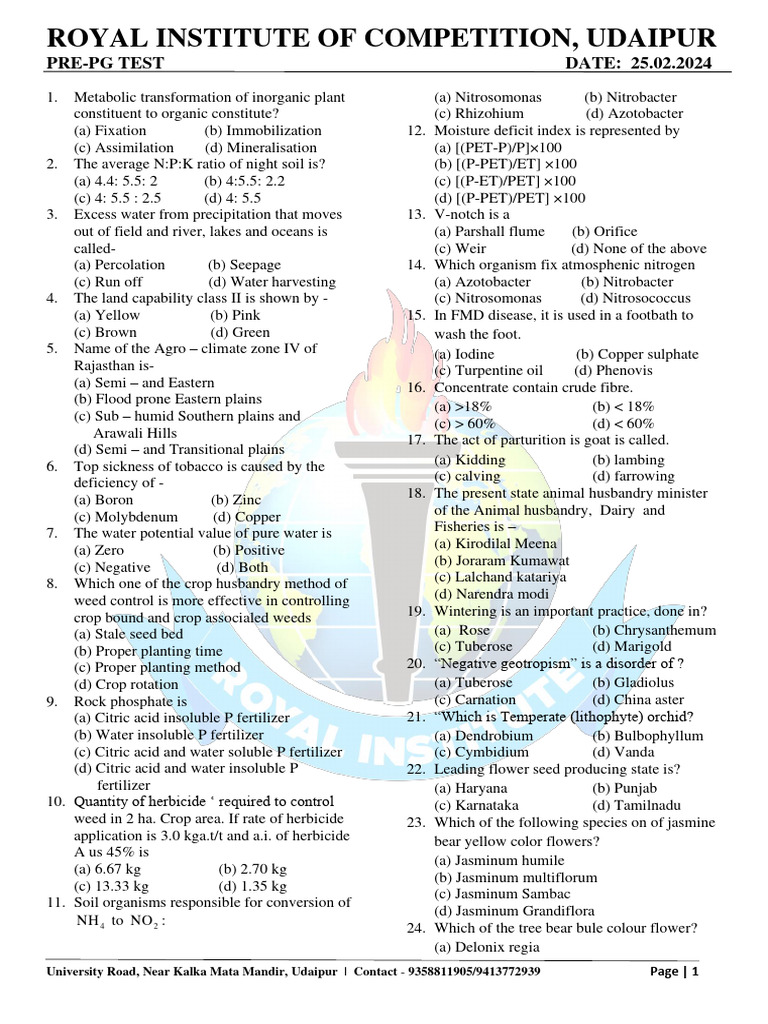 Pre-PG Test Questions for Agriculture | PDF | Plant Breeding | Pest ...