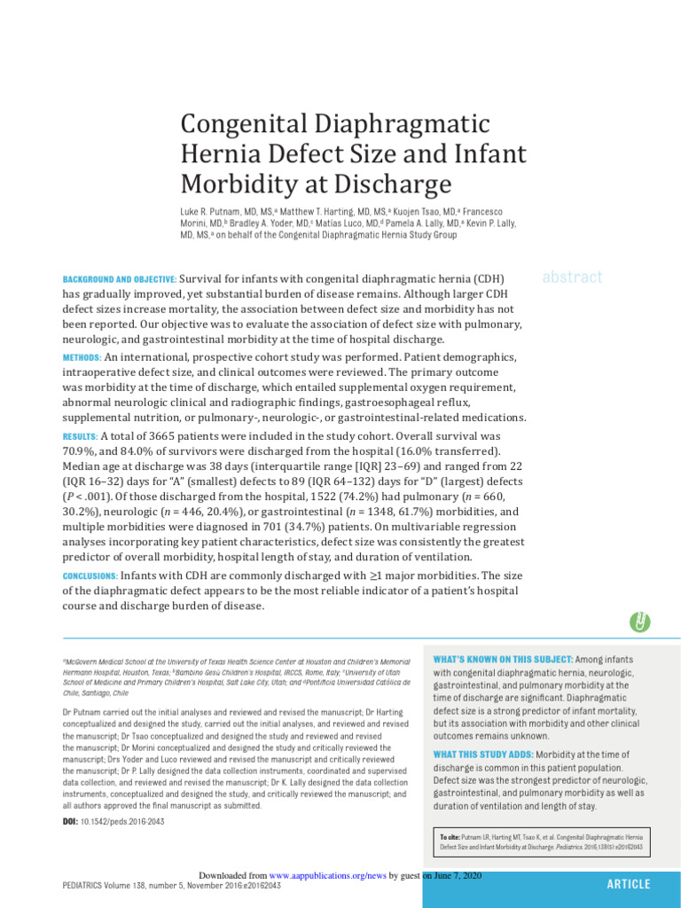 Congenital Diaphragmatic Hernia Defect Size and Infant Morbidity at ...