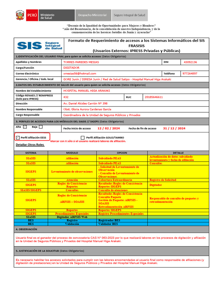 Ejemplo de Rellenado de FORMATOS DE REQUERIMIENTOS - PERSONAL NO SIS - 2024 01.06.2024 | PDF