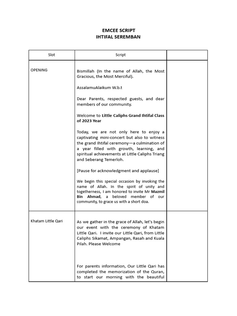 Emcee Script for Grand Ihtifal 2023 | PDF | Quran | Islam