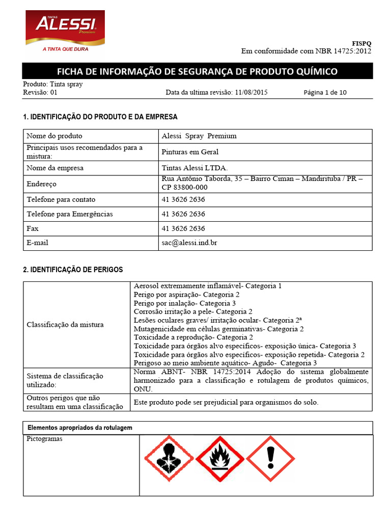 FISPQ Tinta Spray Alessi | PDF | Embalagem e rotulagem | Incêndios