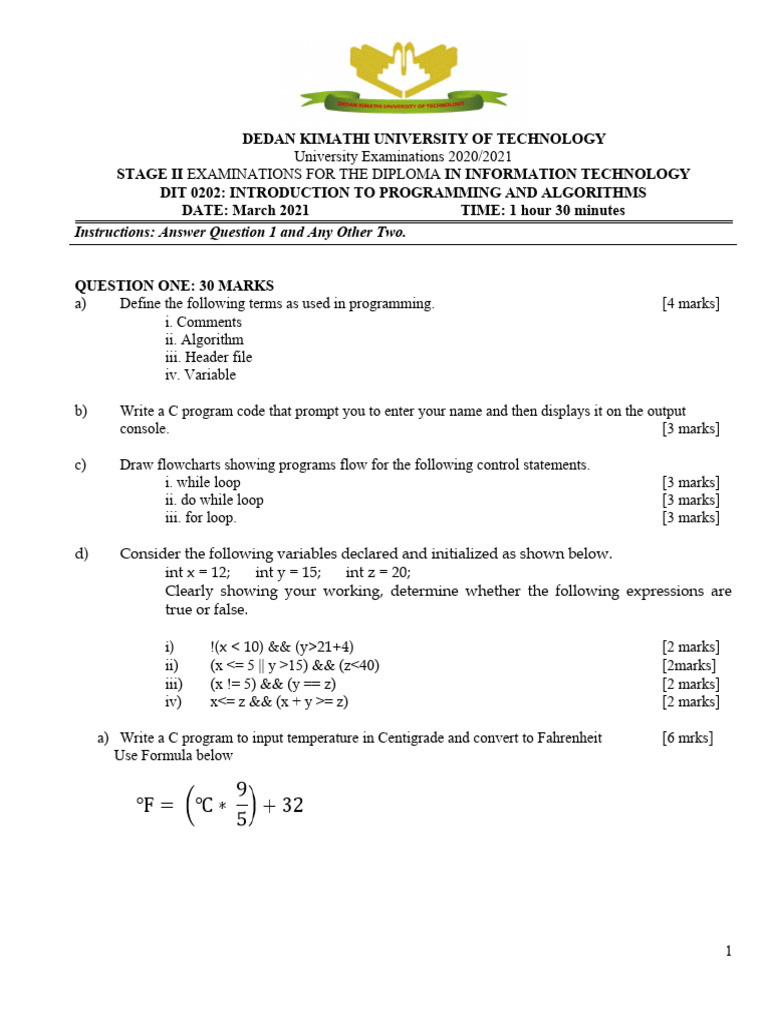 DIT 0202 Intro To Programming and Algorithms JAN April 2021 MAIN EXAM ... DIT 0202 Intro To Programming and Algorithms JAN April 2021 MAIN EXAM ...