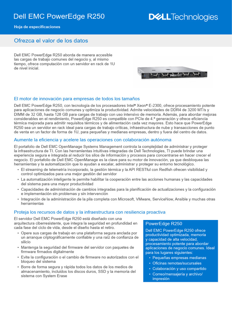 Dell Emc Poweredge r250 Spec Sheet Es XL | PDF | Microprocesador | Dell