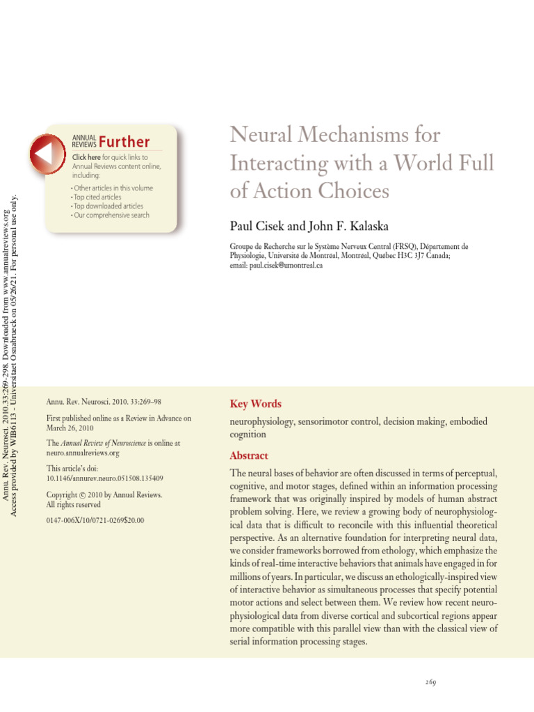 Cisek and Kalaska 2010 - Neural Mechanisms For Interacting With A World ...