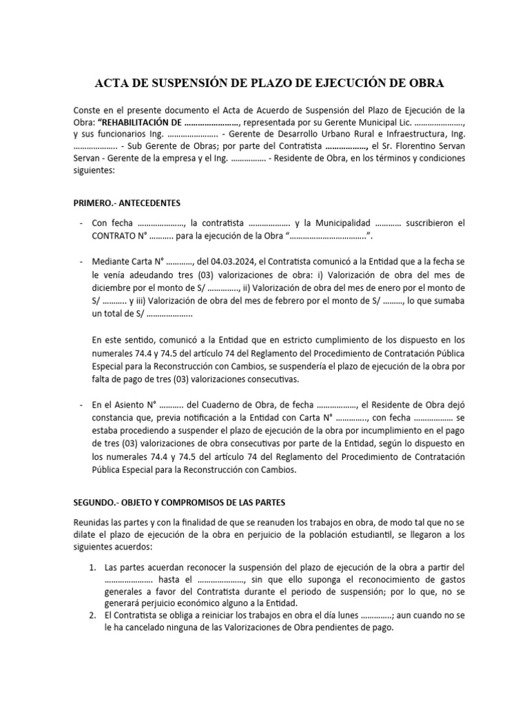 ACTA DE SUSPENSION DE PLAZO (Falta de Pago) | PDF