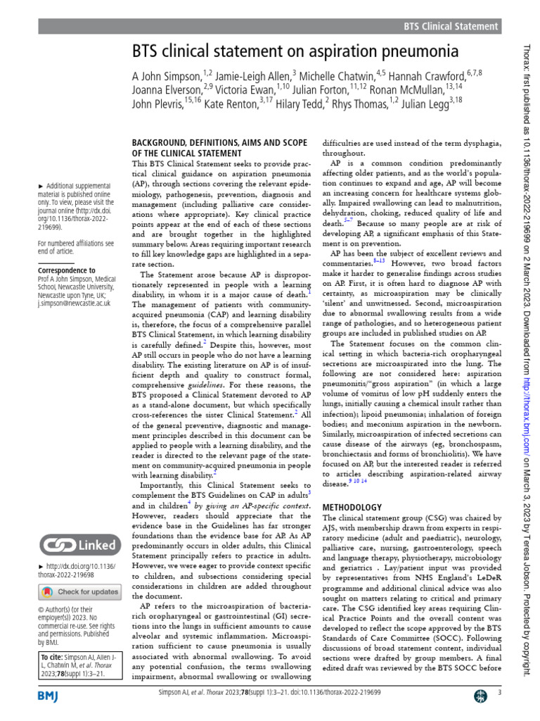 BTS Clinical Statement On Aspiration Pneumonia | PDF | Larynx | Esophagus