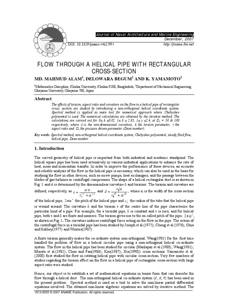 Flow Through A Helical Pipe With Rectangular Cross-Section: Md. Mahmud ...