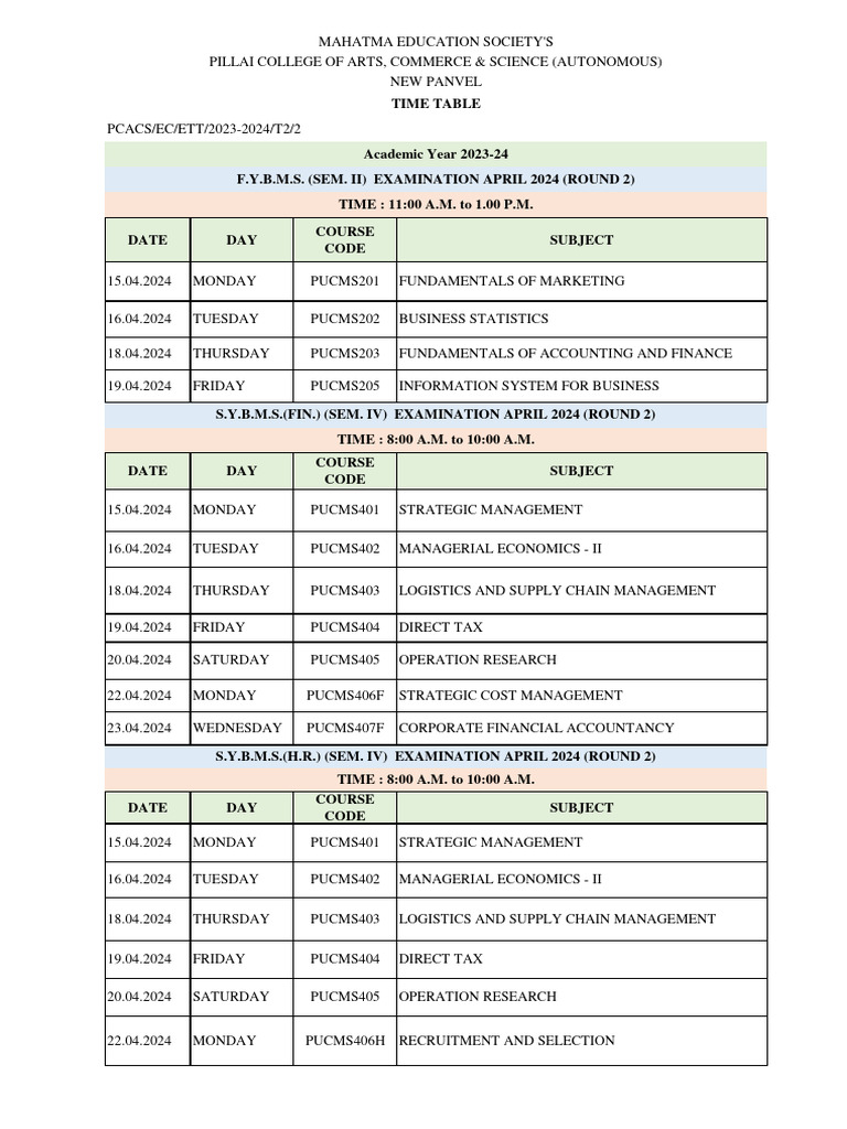 BMS 2023-24 Round 2 SE II IV VI Examination Time Table April 2024 | PDF ...