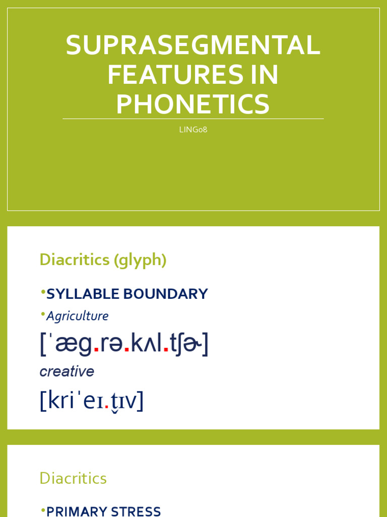 Suprasegmental Features Diacritics | PDF | Stress (Linguistics) | Syllable