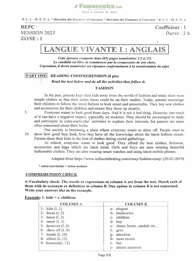 Bepc 2023 Anglais Sujets + Corrigés | PDF