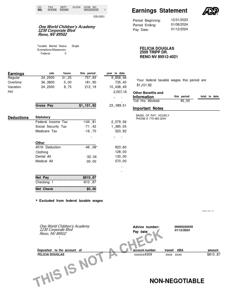 Hourly Earnings Statement for Felicia Douglas | PDF | Payments | Taxation