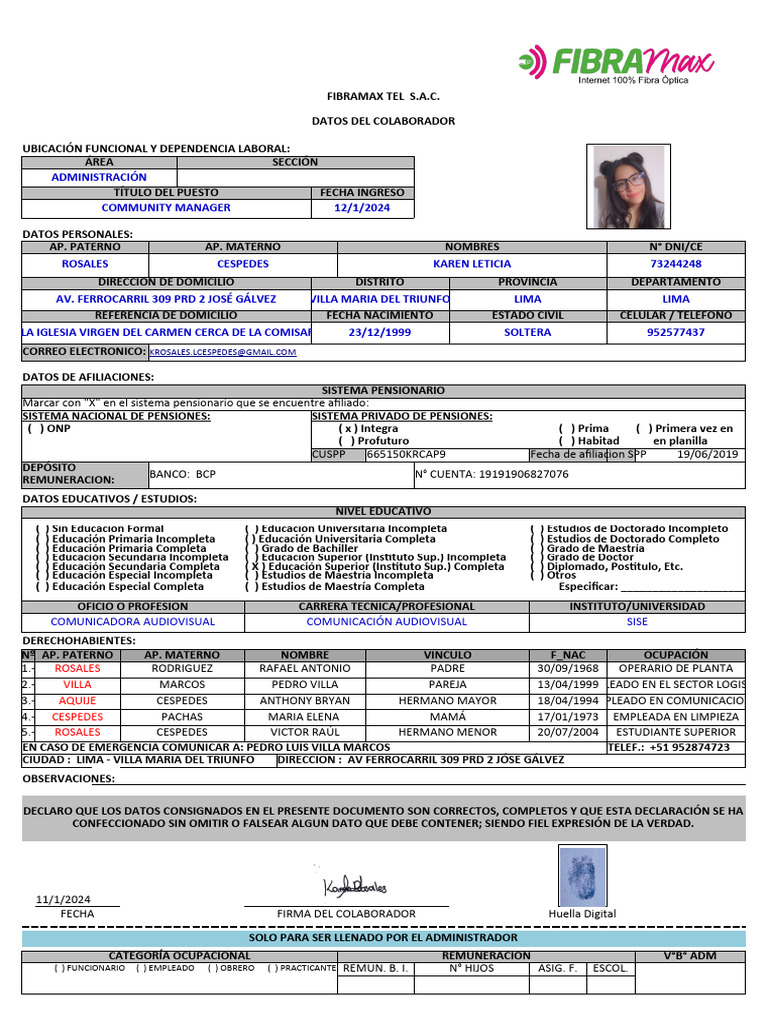 Ficha Datos Nuevo Trabajador Modelo | PDF