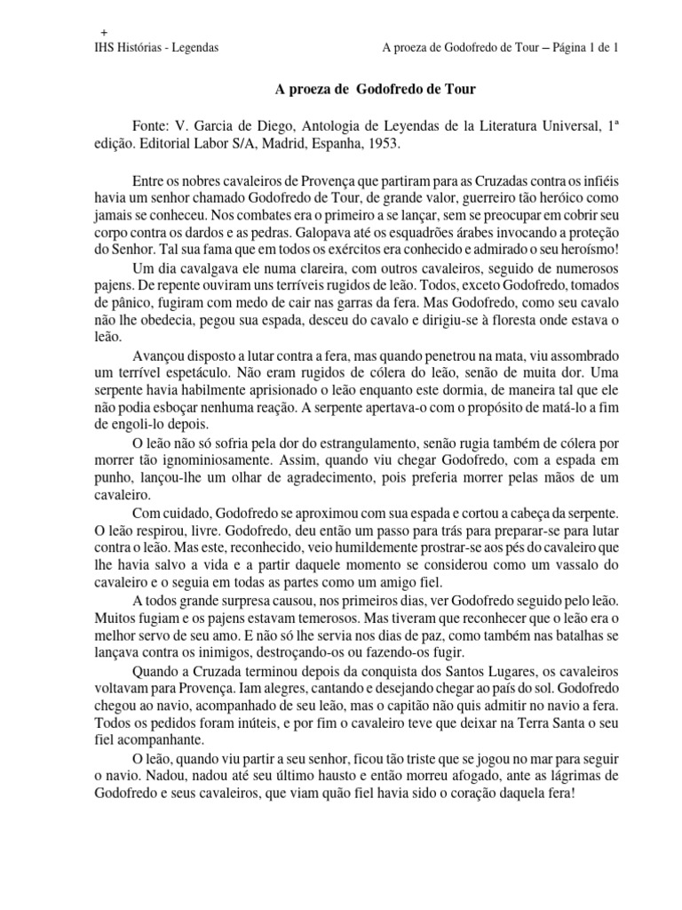 A Proeza de Godofredo e o Leão Fiel | PDF | Cavalheirismo | Cruzadas
