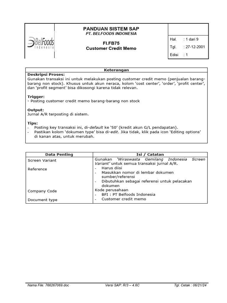 UM - bf.FI.21 (Customer Credit Memo) - FB75 | PDF | Pengelolaan Keuangan & Uang
