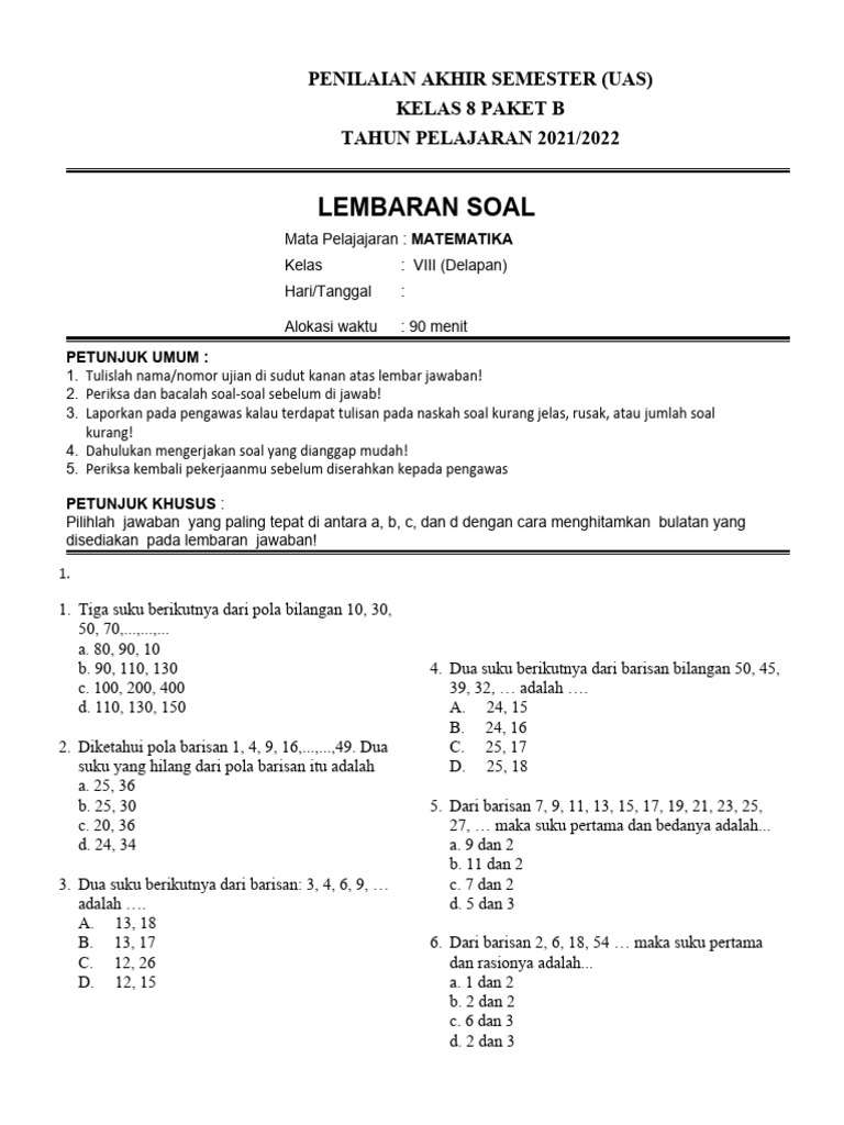 Soal Matematika Kelas 8 Paket B | PDF | Metode & Bahan Ajar
