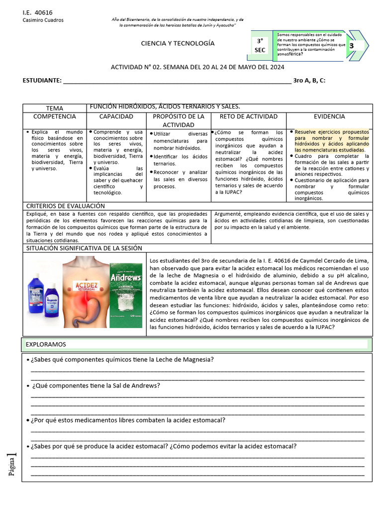 3°sec - UNIDAD 3 - ACTIVIDAD 2 (CyT Explica 2024) - Función Hidróxidos, Ácidos Ternarios y Sales ...