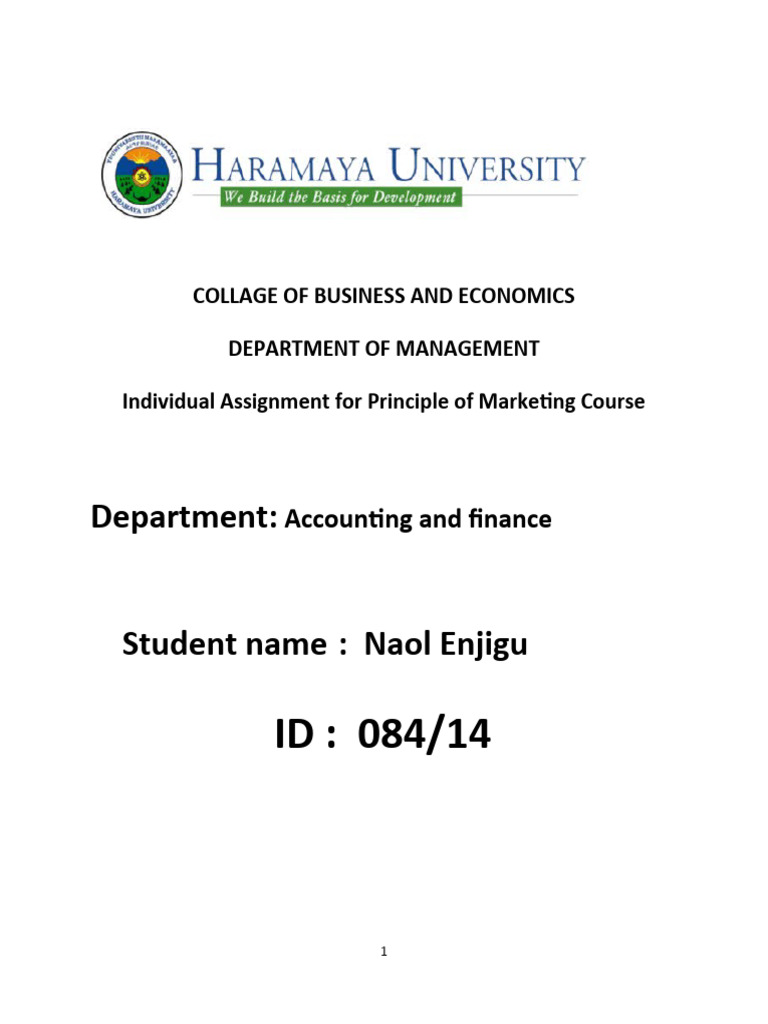 Principle of Marketing Individual Assayment Prepared by Naol Enjigu | PDF | Marketing | Market ...