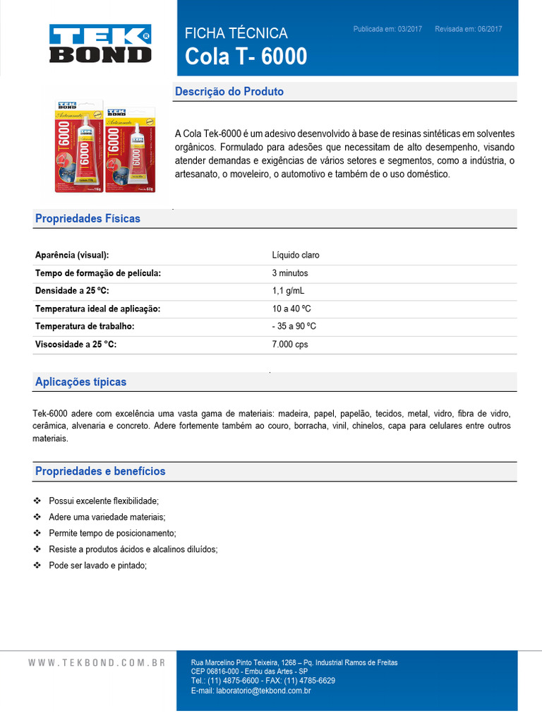 Tds Ficha Tecnica Cola T 6000 Rev 06 17 | PDF | Tinta | Adesivo