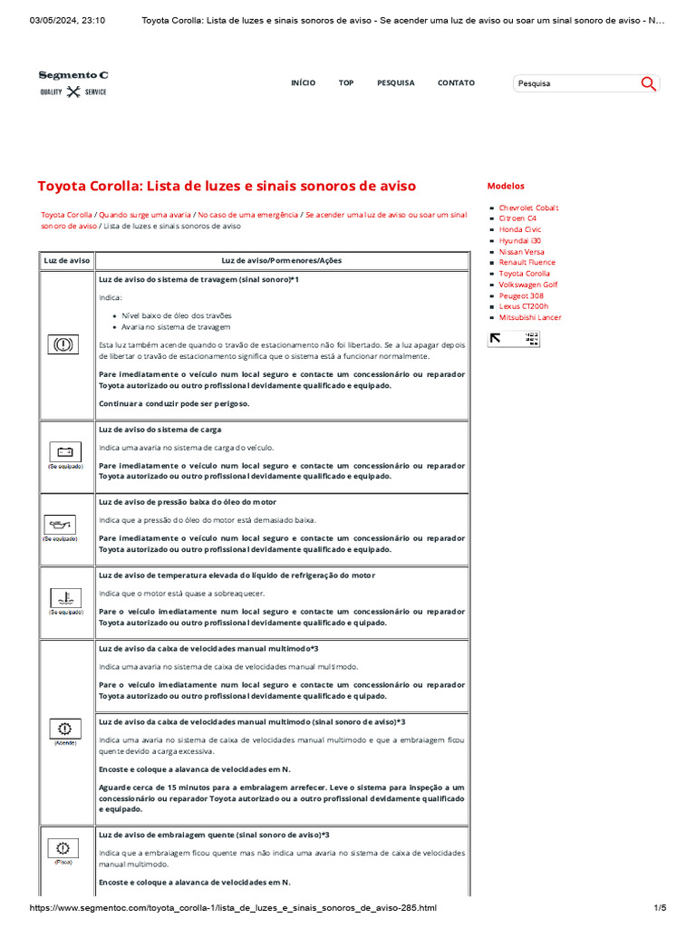 Toyota Corolla_ Lista de luzes e sinais sonoros de aviso - Se acender uma luz de aviso ou soar ...