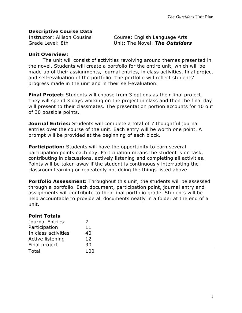 The Outsiders Unit Plan | PDF | Reading Comprehension | Educational ...