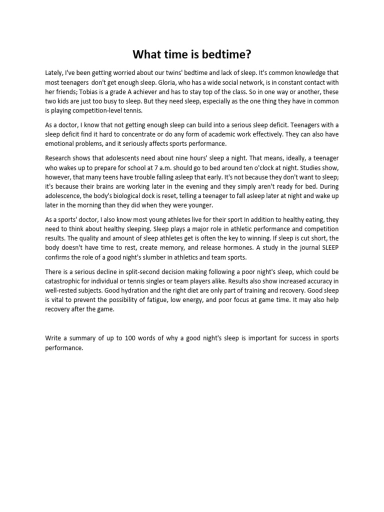 Summary Writing Exercise - What Time Is Bedtime | PDF | Sleep | Adolescence