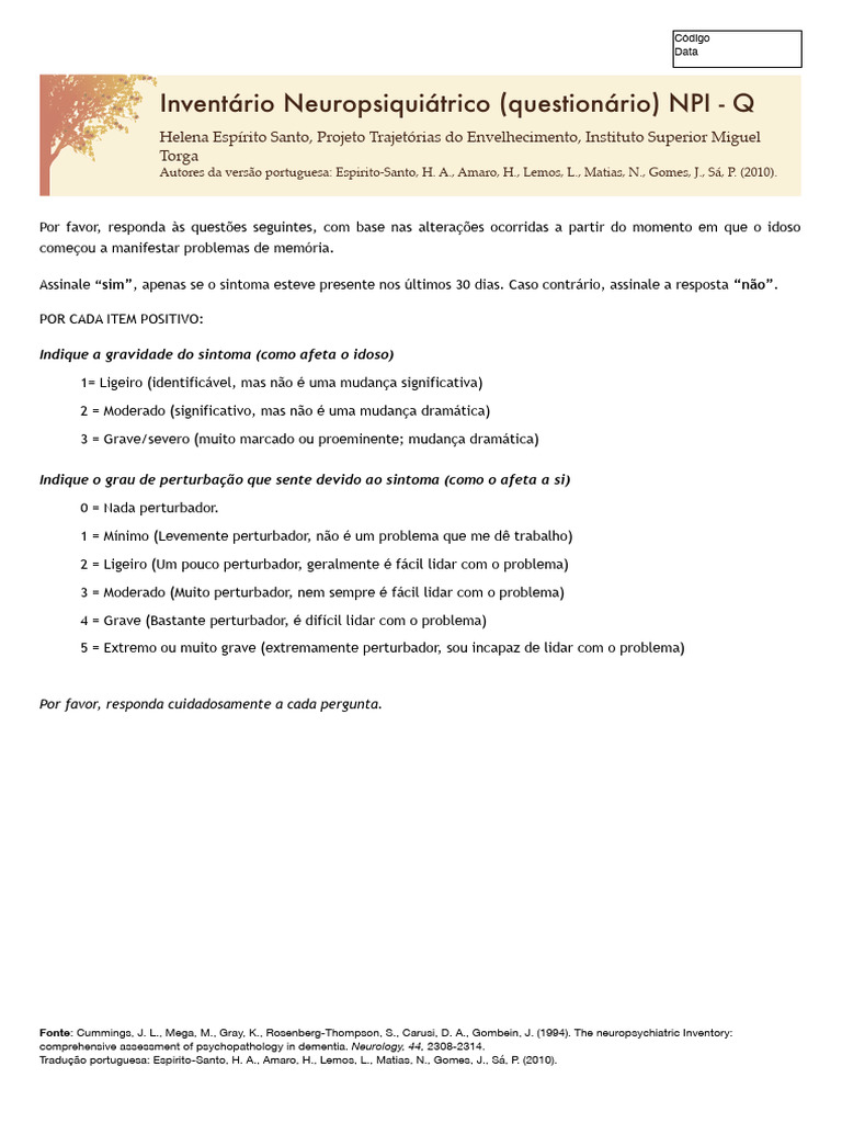 Inventário Neuropsiquiátrico (Questionário) NPI - Q | PDF | Depressão | Medicina Clínica