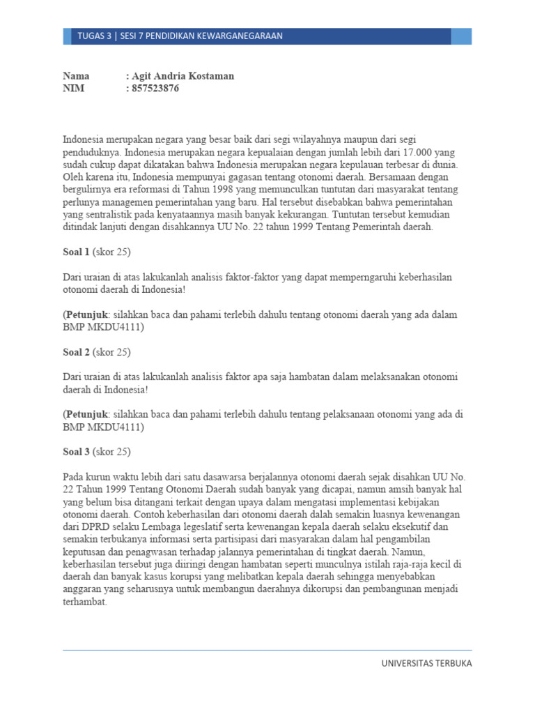 Tugas 3 Sesi 7 Pendidikan Kewarganegaraan MKWU 4109 Universitas Terbuka ...
