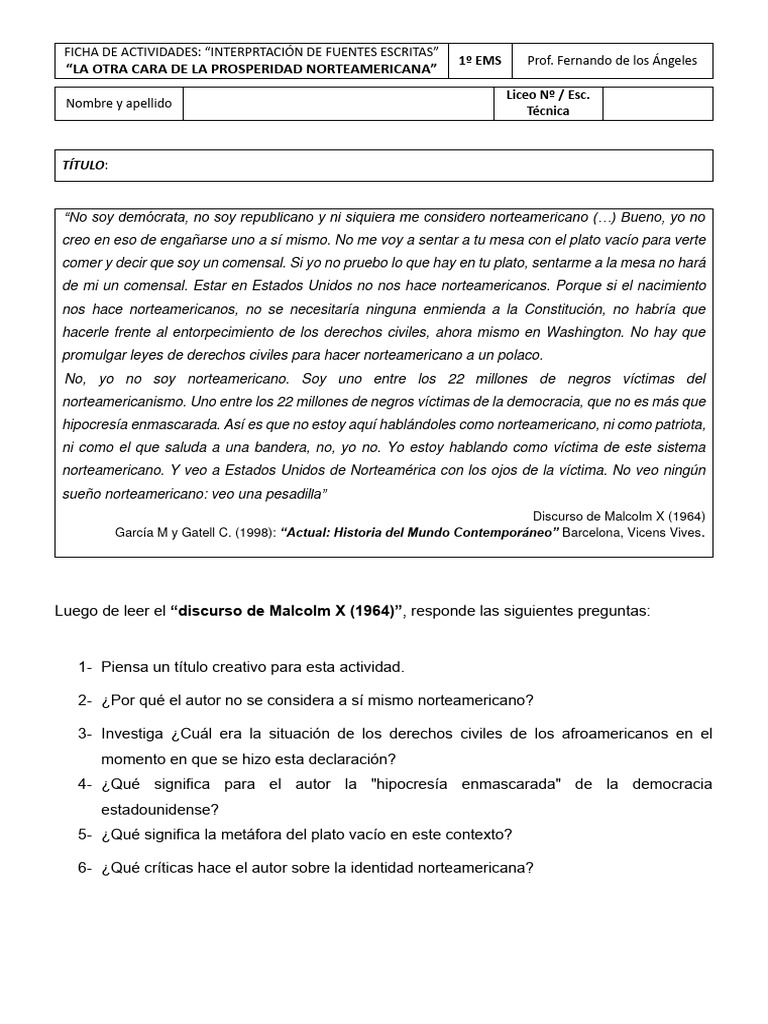 Ficha Actividad - MALCOLM X - No, Yo No Soy Norteamericano | PDF