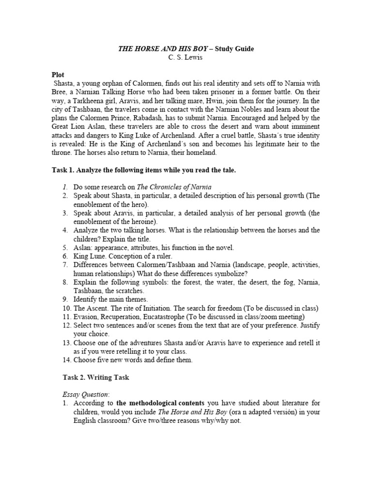 THE HORSE AND HIS BOY Study Guide | PDF | The Chronicles Of Narnia | C ...