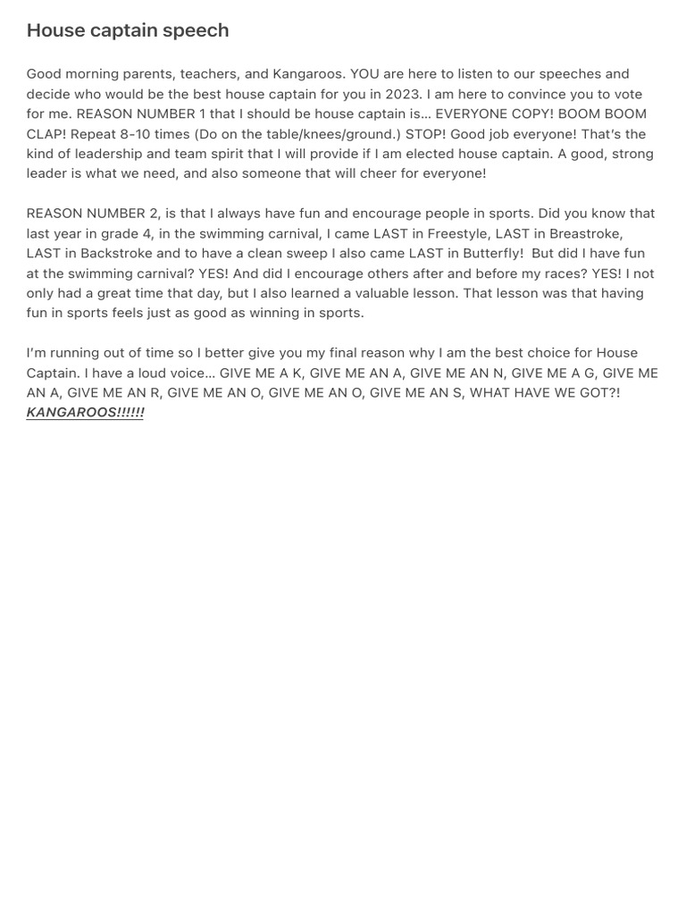 Engaging House Captain Speech 2023 | PDF