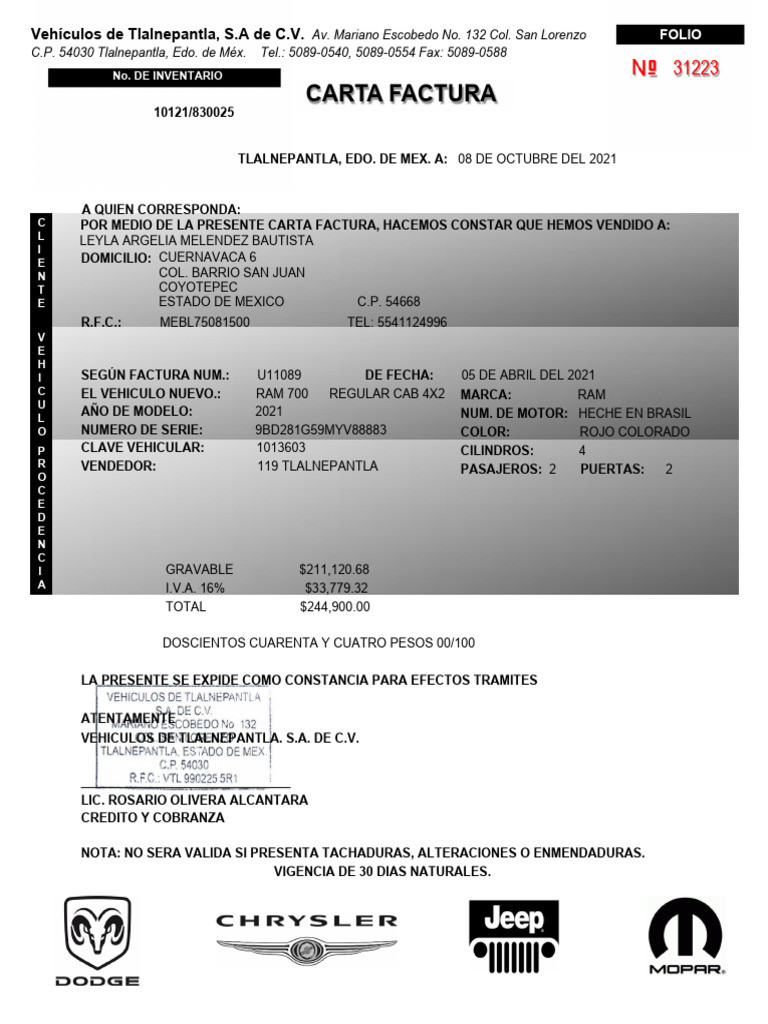 Carta Factura Vehículo RAM 2021 | PDF | Negocios | Finanzas y dinero