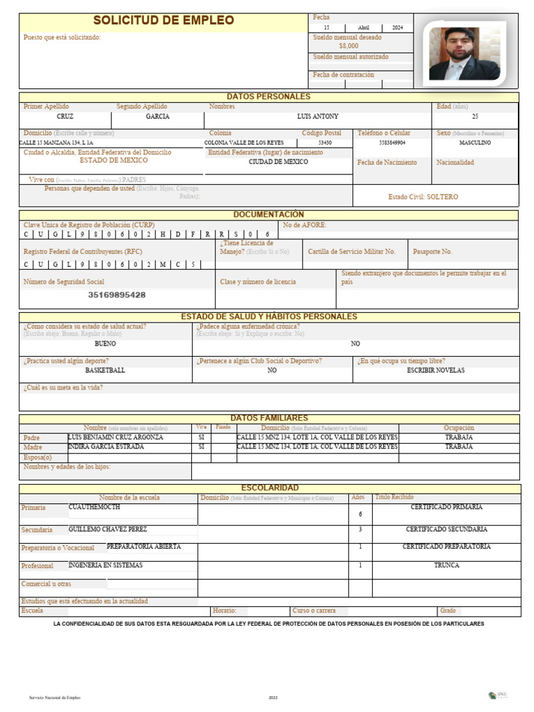 Sne Solicitud de Empleo Plantilla PDF | PDF