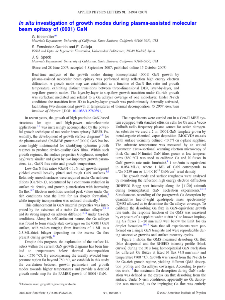 1998 - in Situ Investigation of Growth Modes During Pa Mbe of Ga-Face ...