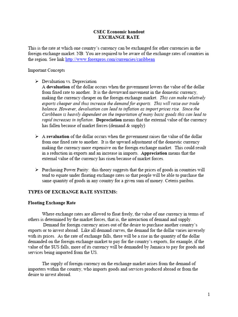 CSEC Economic Handout Exchange Rate | PDF | Exchange Rate | Currency ...