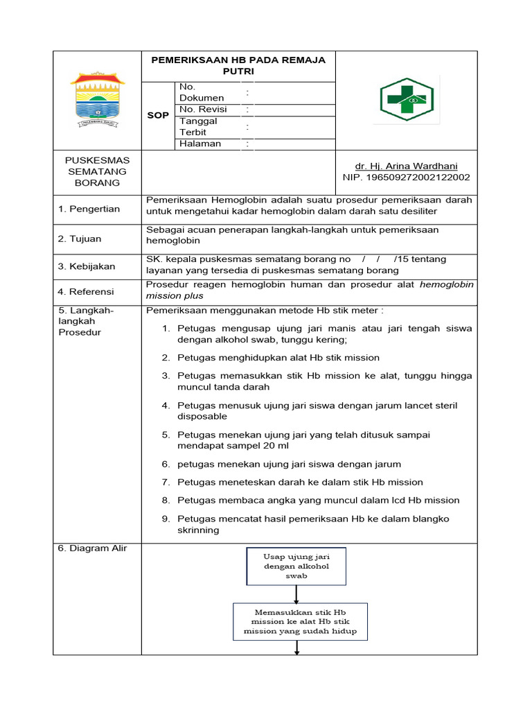 Fix SOP Pemeriksaan HB Pada Remaja Putri | PDF