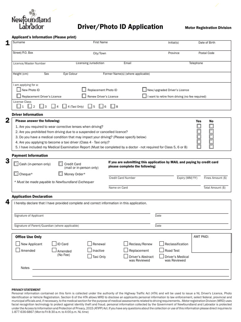 NL Driver and Photo ID Application Form | PDF | Driver's License ...