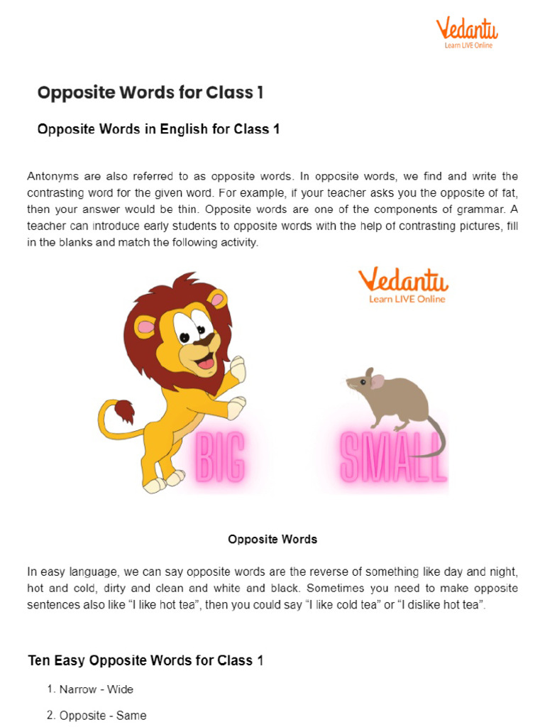Opposite Words For Class 1