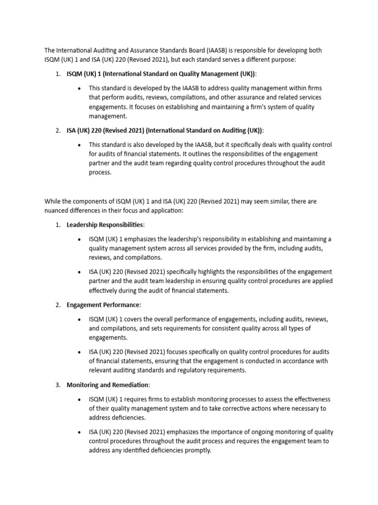 C5 Diff Between ISQM (UK) 1 and ISA (UK) 220 (Revised 2021) | PDF | Audit | Financial Audit