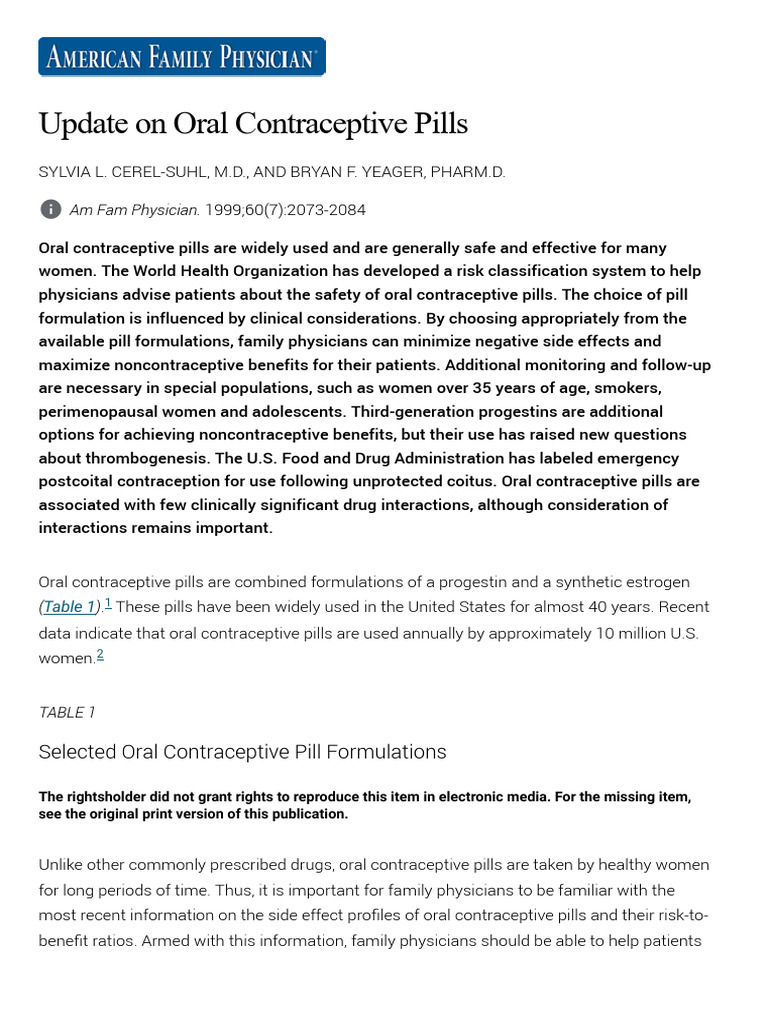 Update On Oral Contraceptive Pills - AAFP | PDF | Combined Oral Contraceptive Pill | Thrombosis