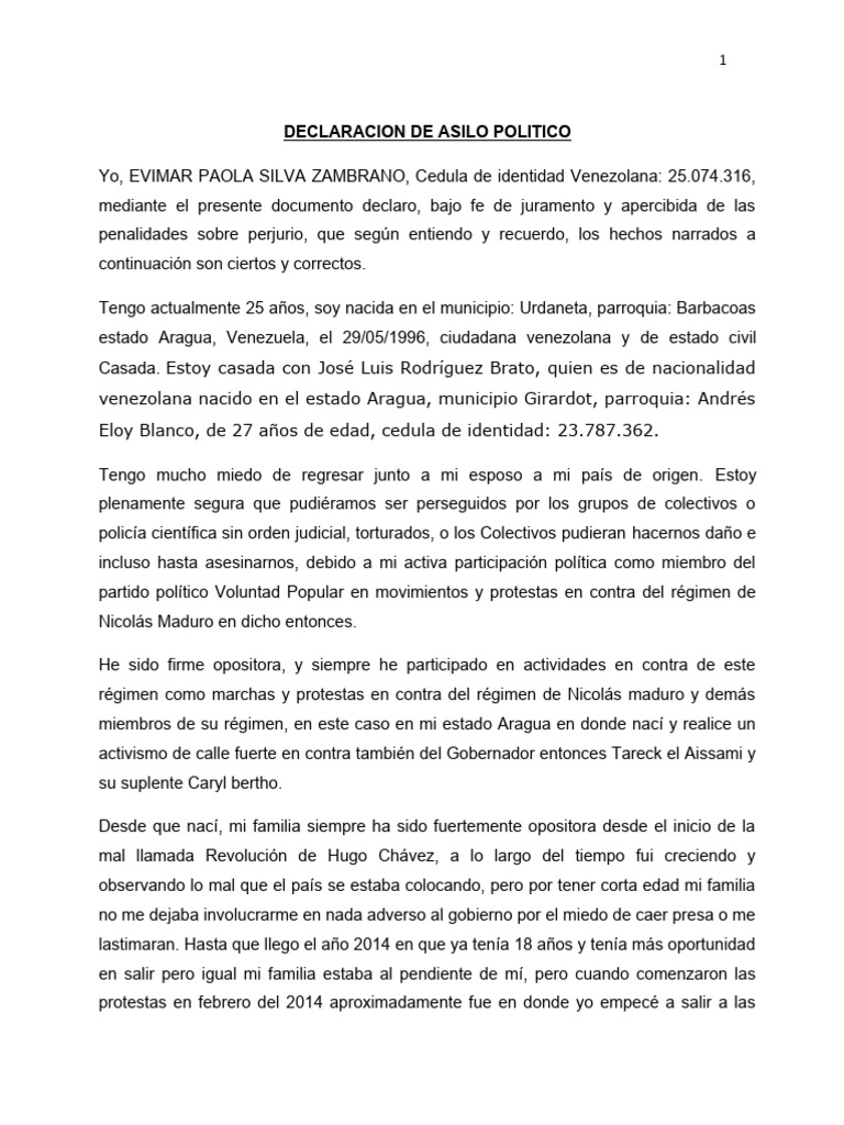 Declaración de Asilo Político en España | PDF | Nicolás Maduro | Venezuela