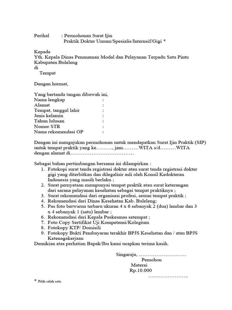 01 Blanko SIP DU Dokter Umum) | PDF | Hukum