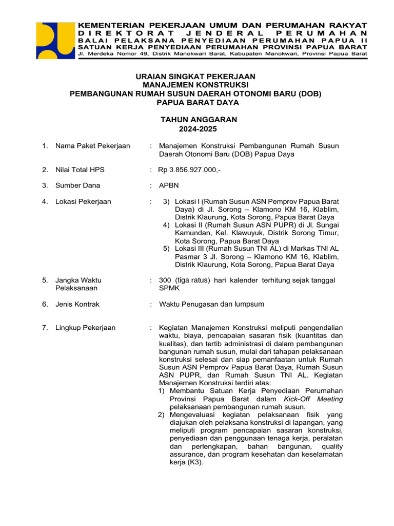 Uraian Singkat Pekerjaan Manajemen Konstruksi Pembangunan Rumah Susun Daerah Otonomi Baru DOB ...