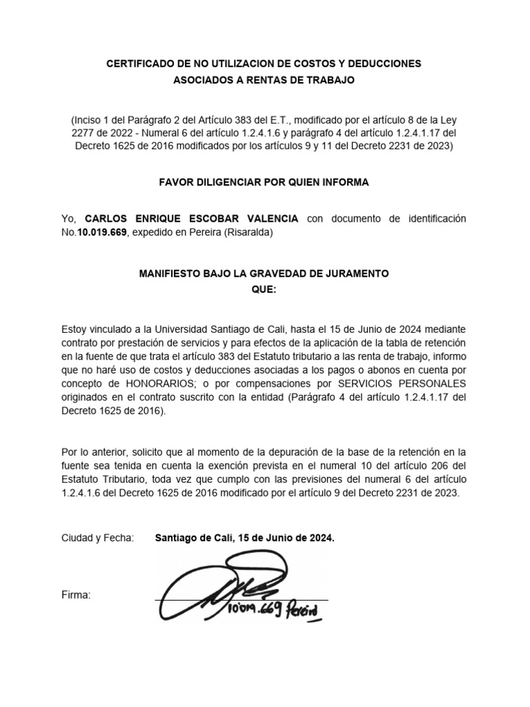 Formato Certificado de No Utilizacion de Costos y Deducciones | PDF Formato Certificado de No Utilizacion de Costos y Deducciones | PDF