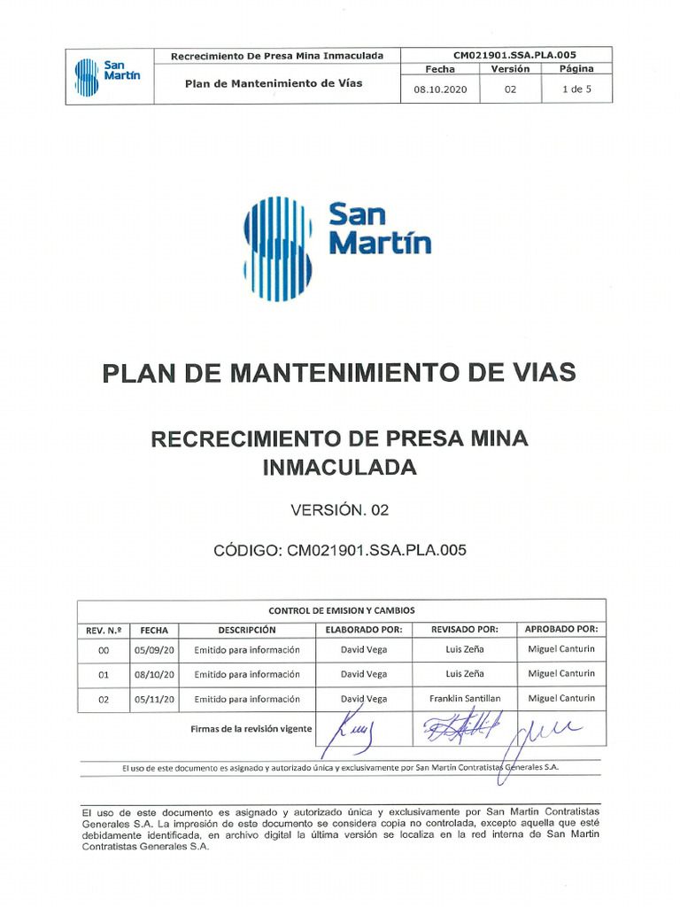 CMA21901.SSA.pla.005 Plan de Mantenimiento de Vias Rev.02 | PDF