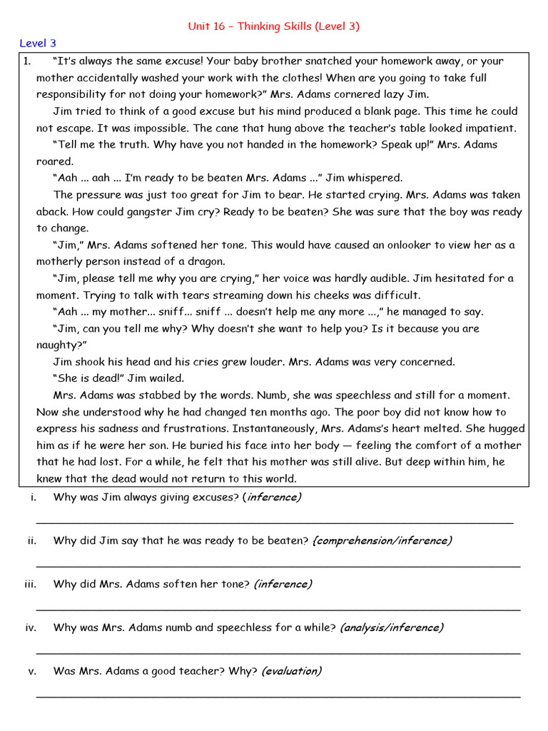 Unit 16 - Thinking Skills - Level 3 (Pages 77-83) | PDF